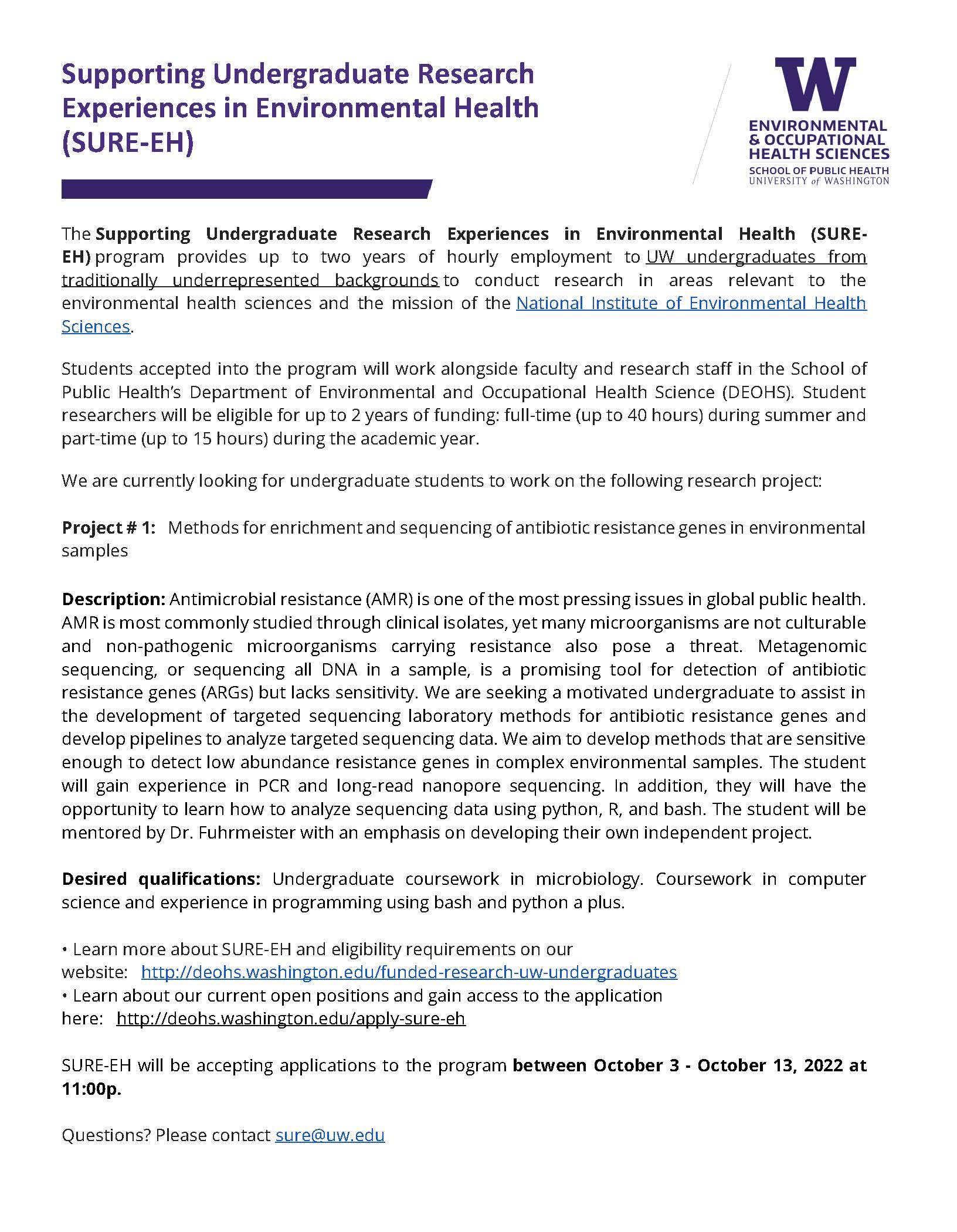 SURE-EH Paid Undergraduate Student Research Position Available ...