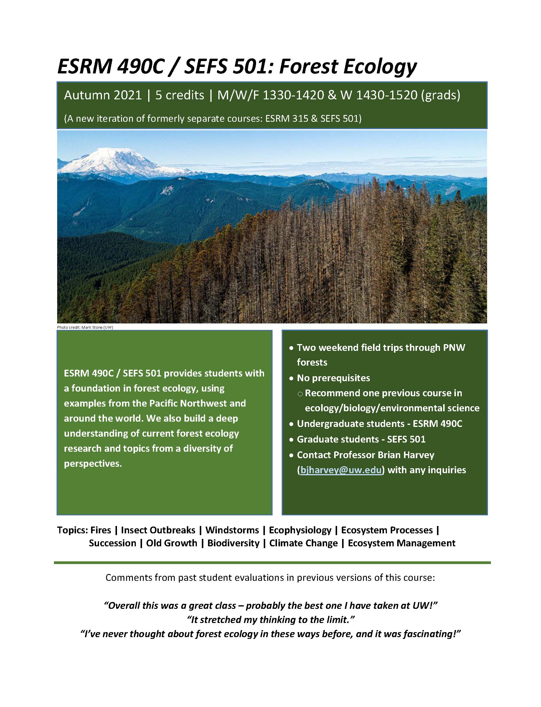 New autumn 21 class* ESRM 490C/SEFS 501: FOREST ECOLOGY | Department of ...